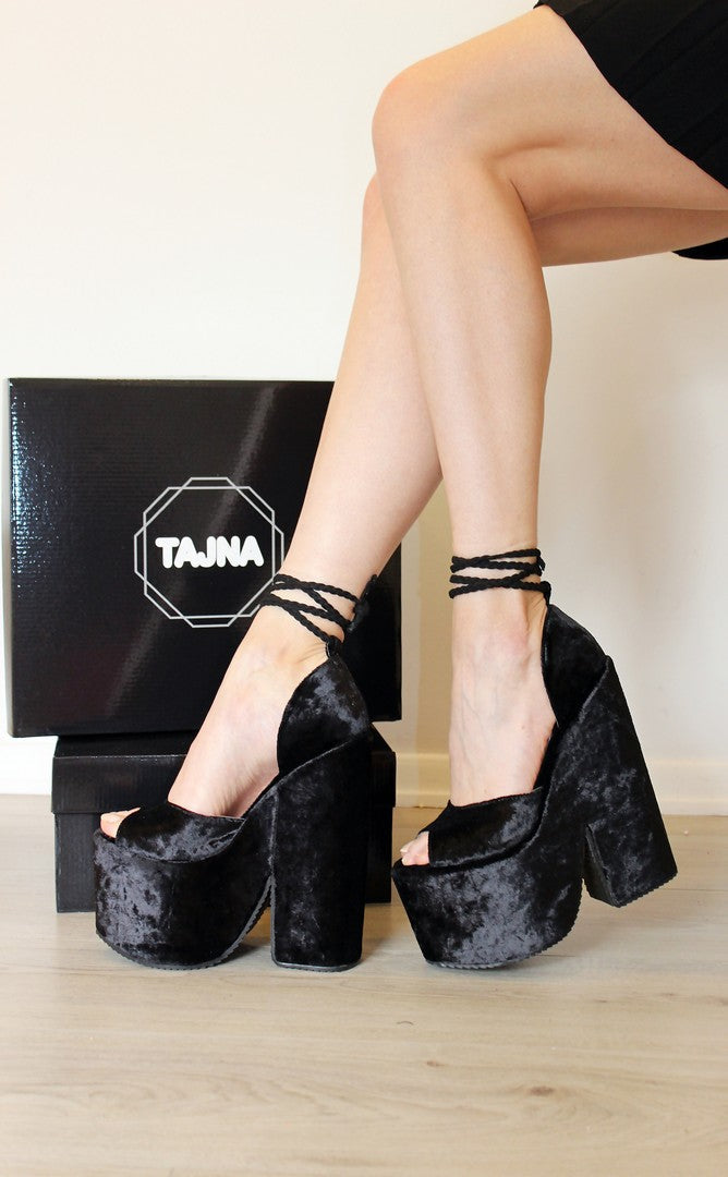 Black Lace up Super High Heel Wedge Platform Shoes | Tajna Club