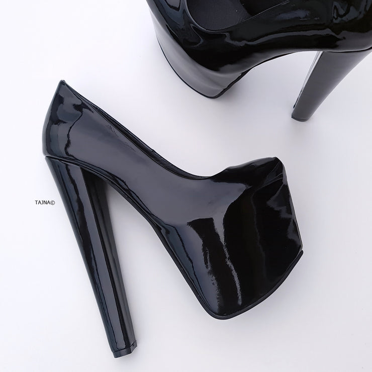 Black Gloss Chunky High Heel Platform Pumps – Tajna Club