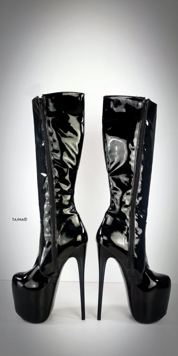 Black Gloss Mid Calf High Heel Boots | Tajna Club