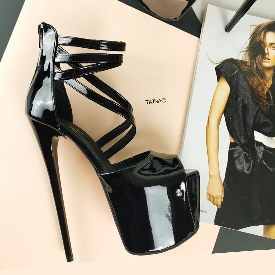 Black Patent Cross Strap High Heels | Tajna Club