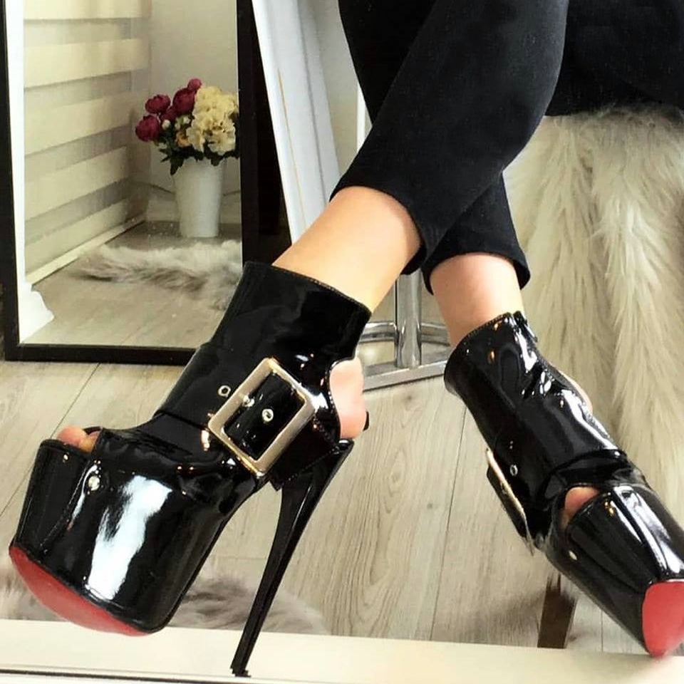Belted Black Patent Leather Platform Heels | Tajna Club
