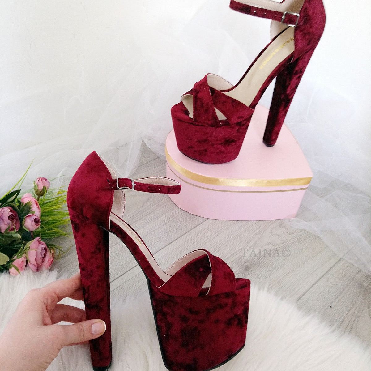 Claret Red Cross Strap Peep Toe High Heel Platform Shoes | Tajna Club