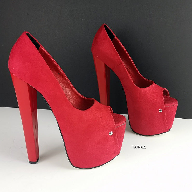 Red Suede Peep Toe High Heels | Tajna Club