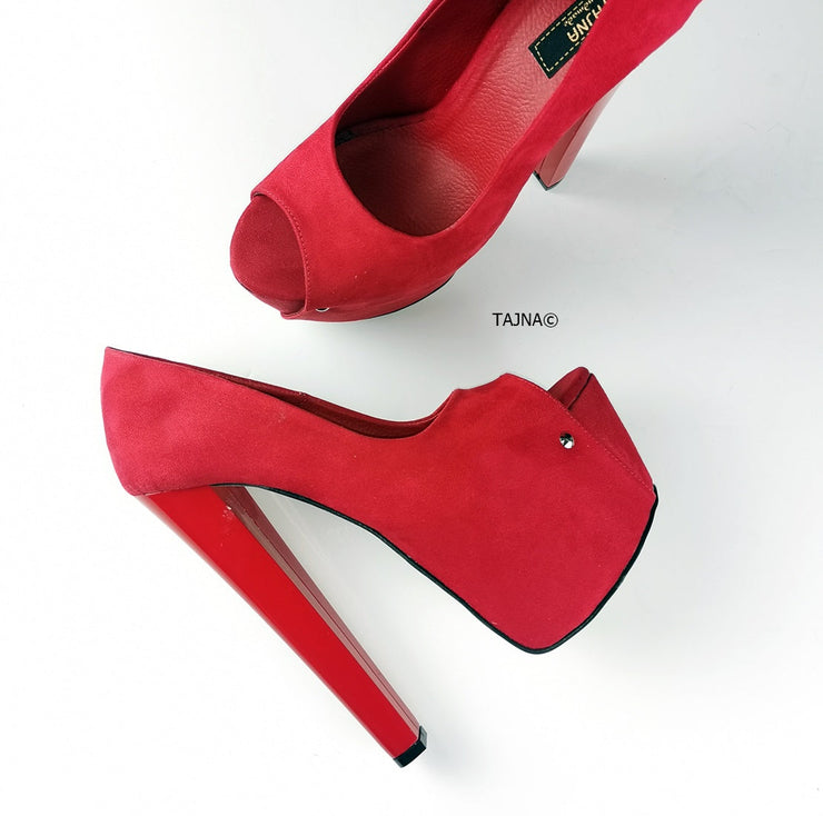 Red Suede Peep Toe High Heels | Tajna Club