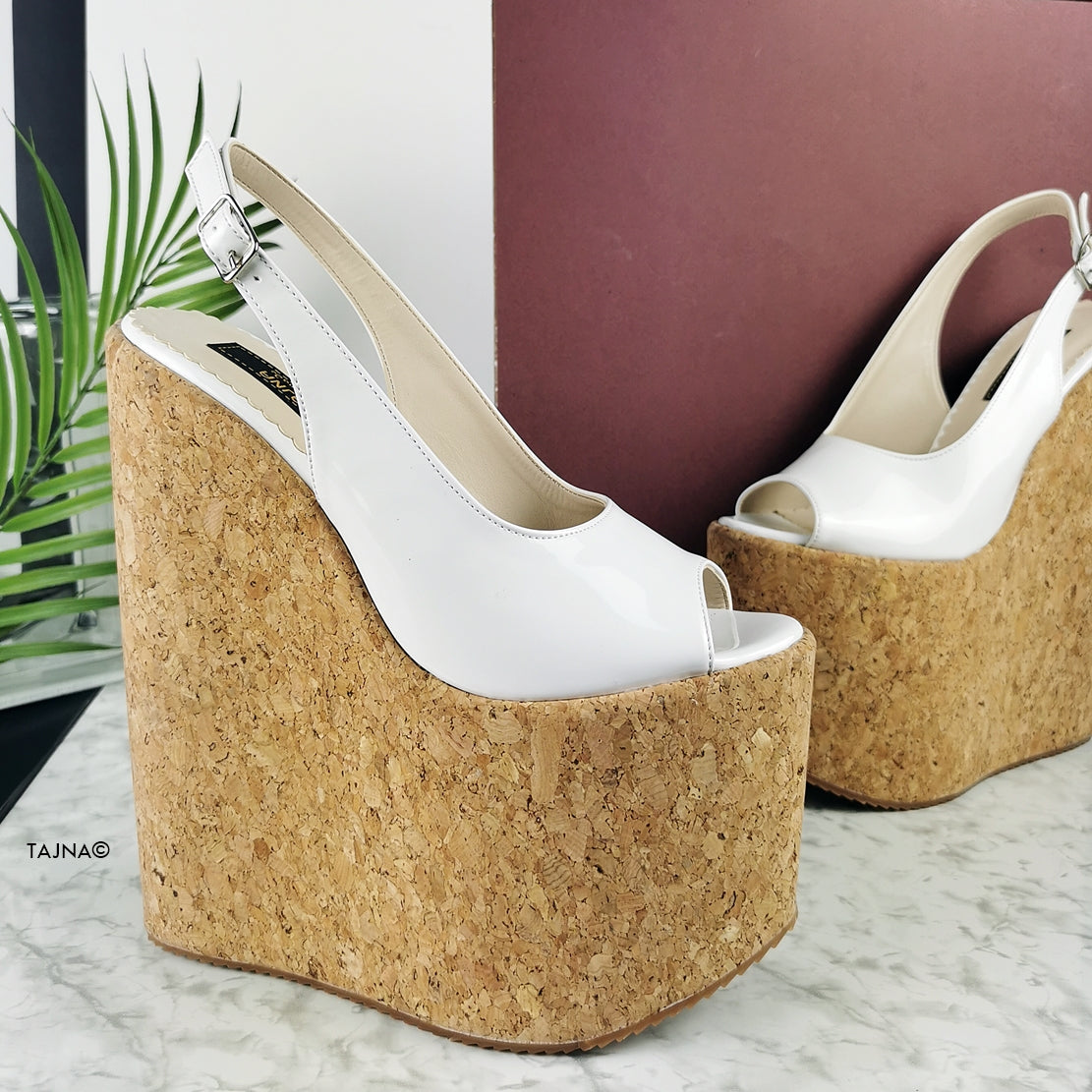White Patent Cork Wedge Platforms | Tajna Club