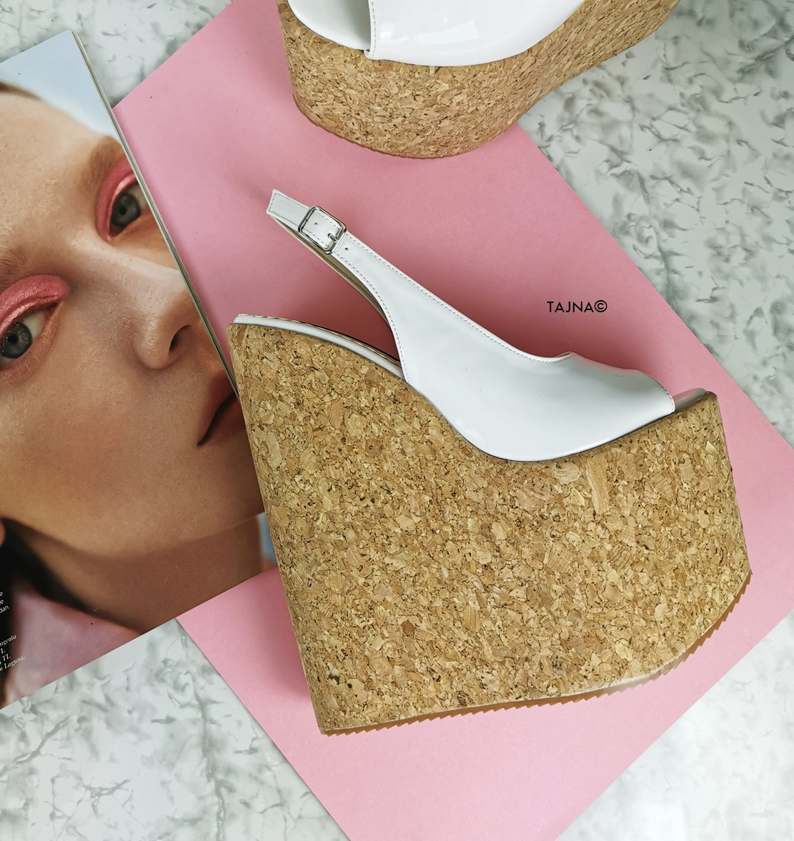 White Patent Cork Wedge Platforms | Tajna Club