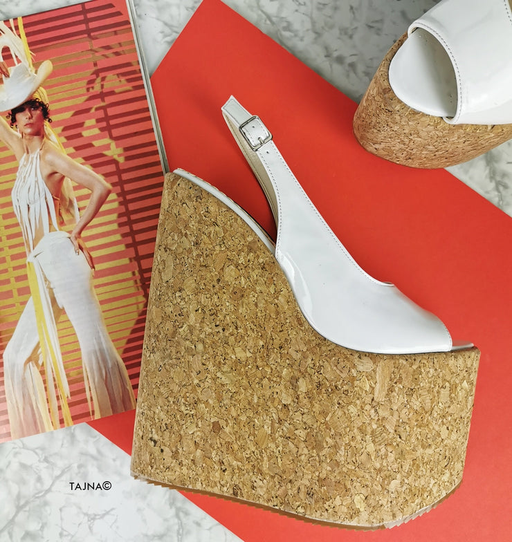 White Patent Cork Wedge Platforms | Tajna Club