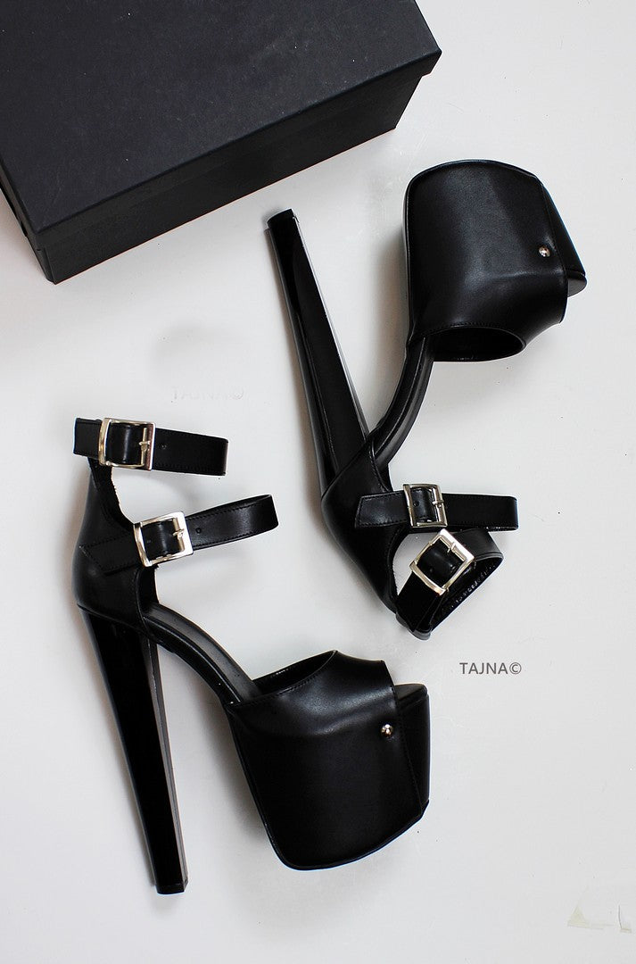 Black Double Strap Platform High Heels | Tajna Club