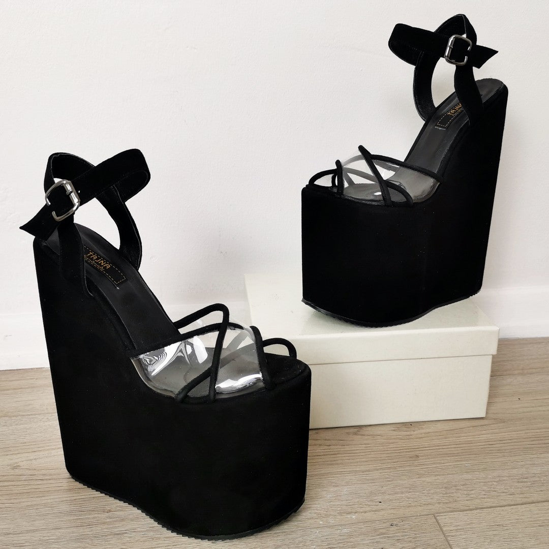 Black Suede Transparent Wedge Sandals | Tajna Club