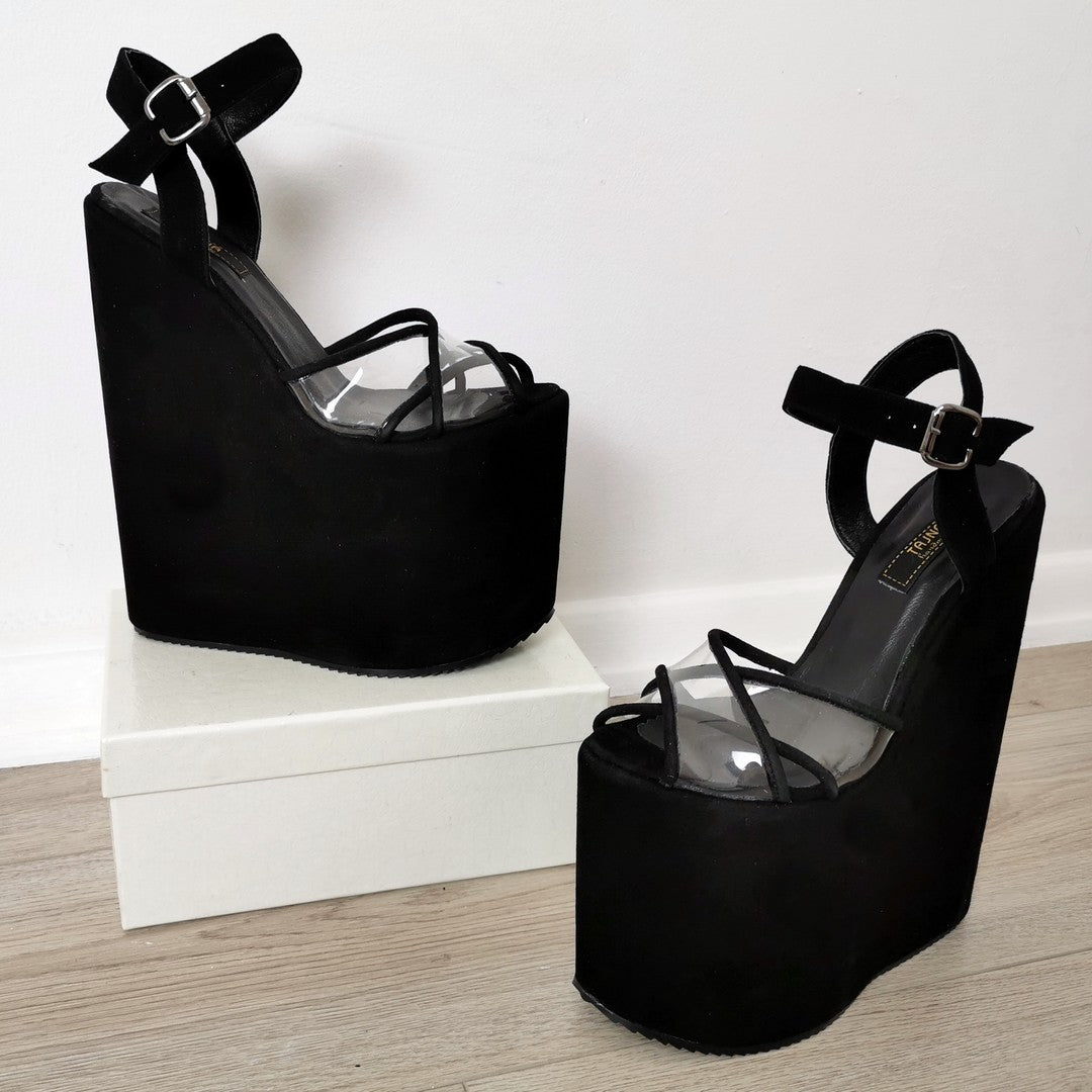 Black Suede Transparent Wedge Sandals | Tajna Club