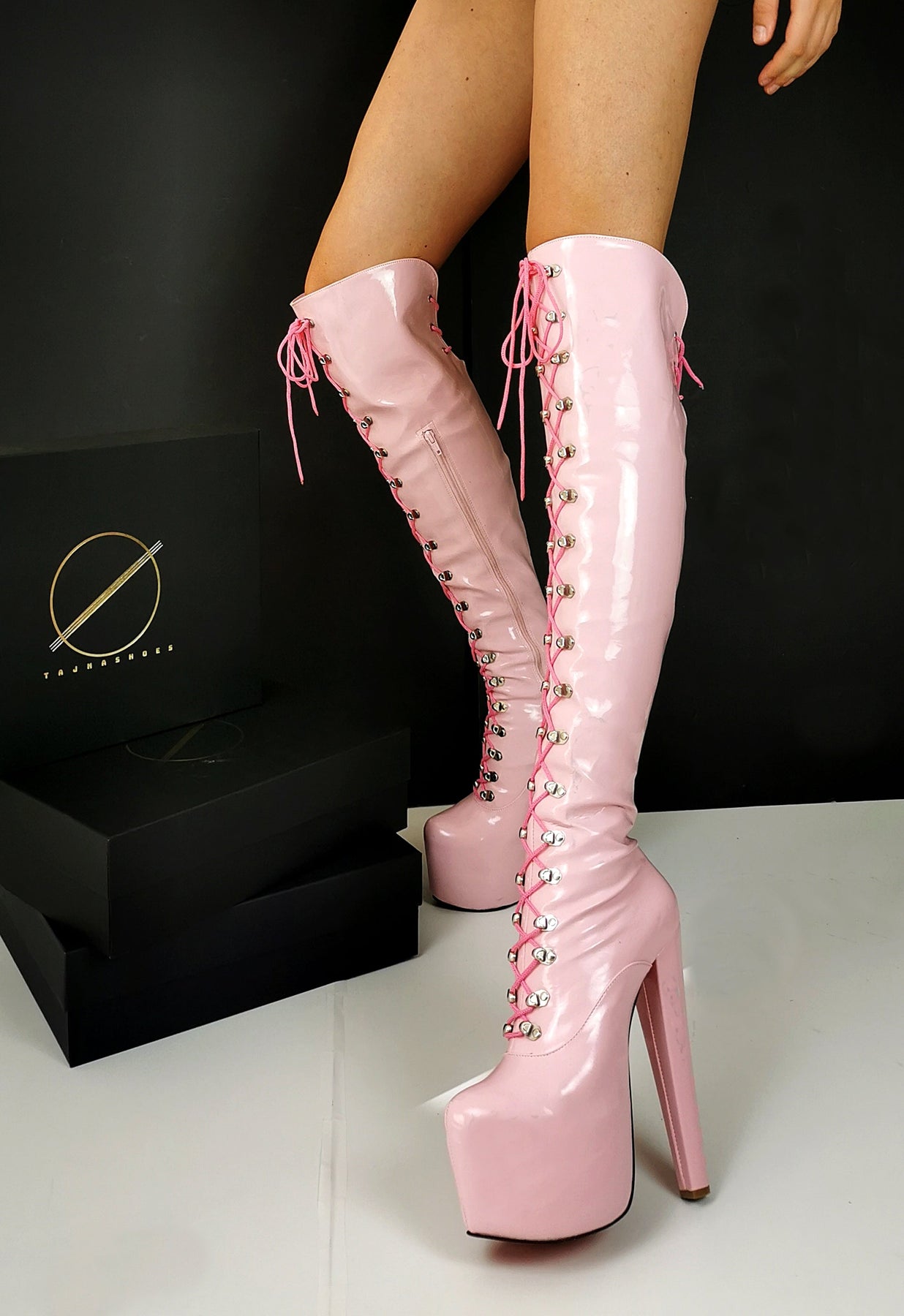 Light Pink Patent Military Style Lace Up Boots | Tajna Club