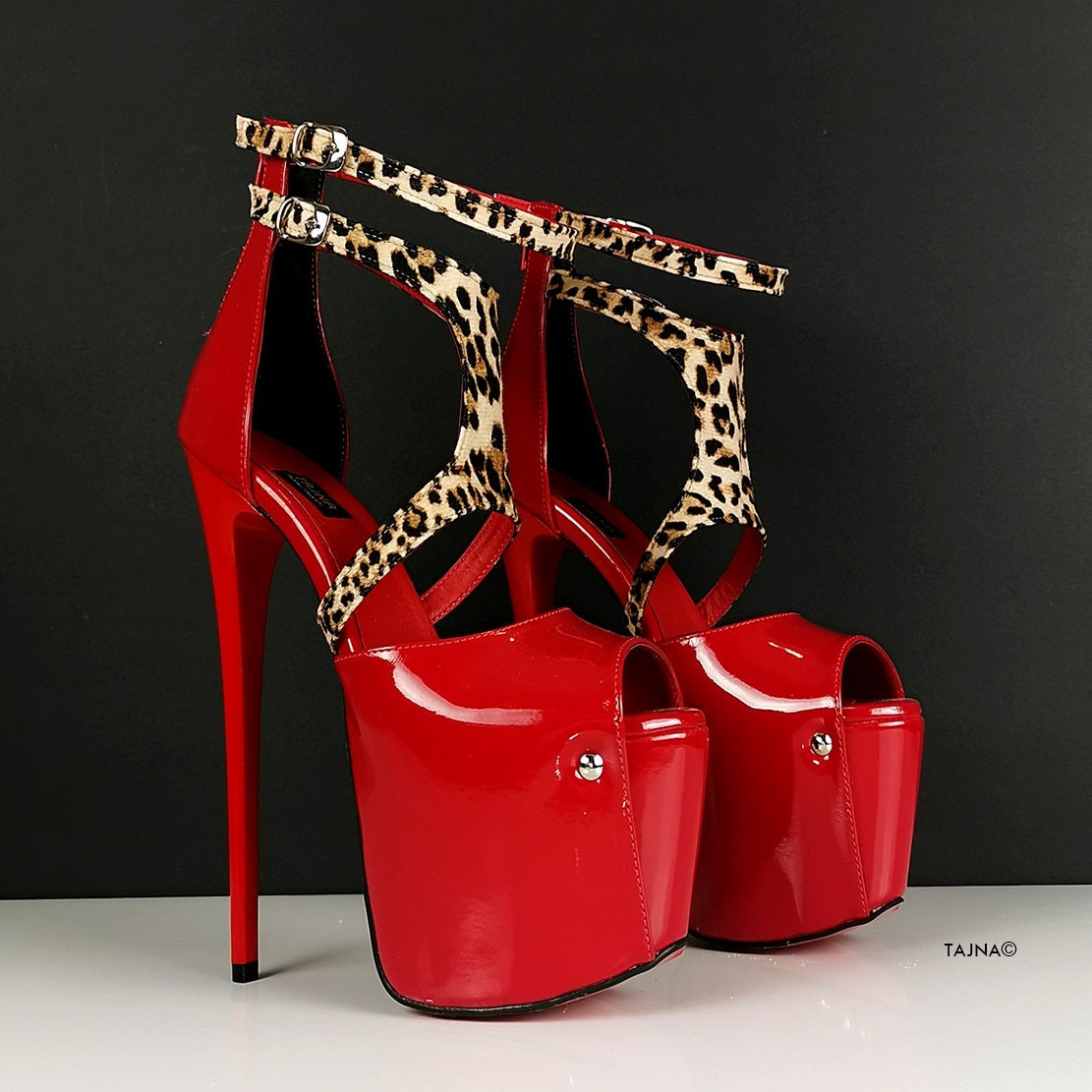 Red Patent Leopard Detail High Heels | Tajna Club