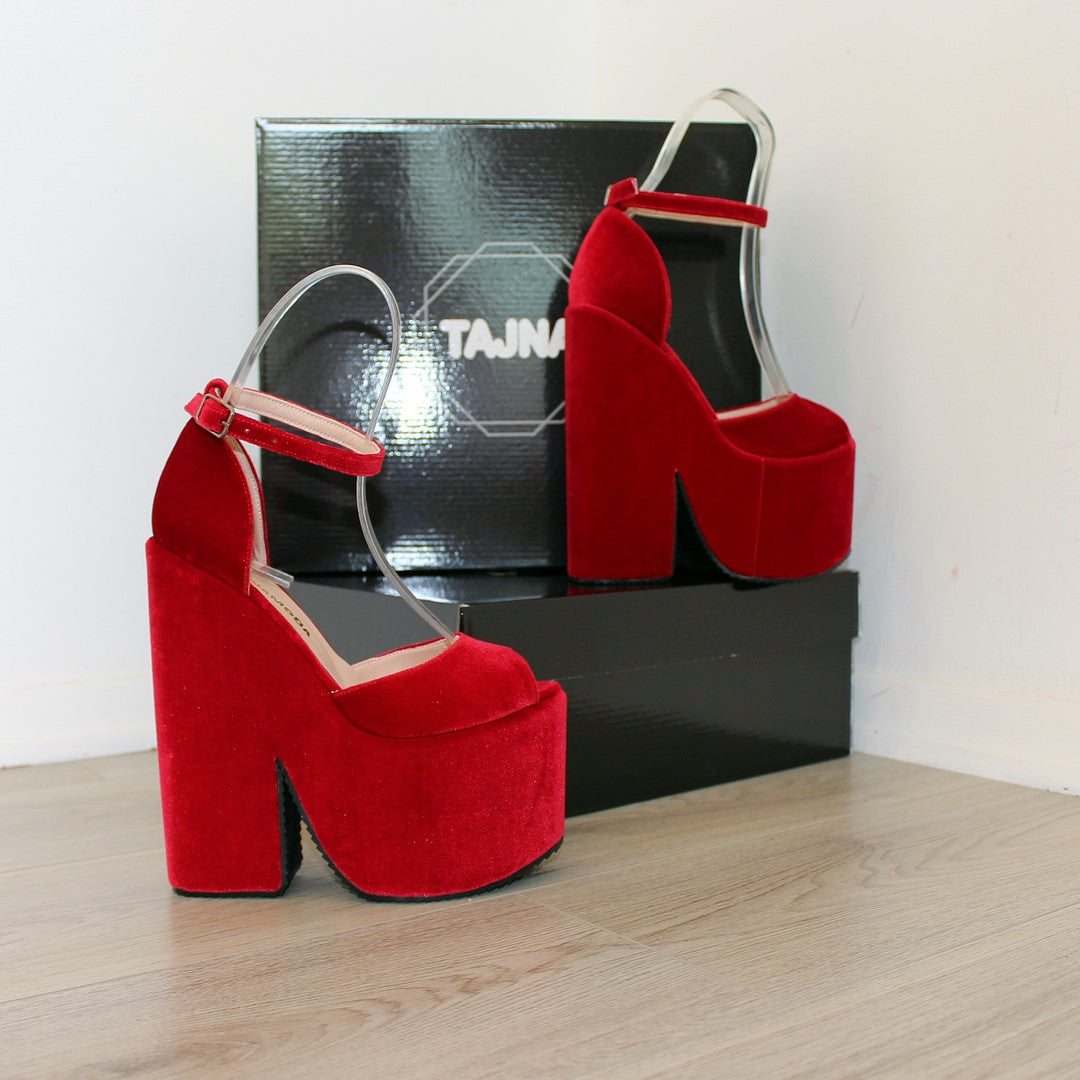 Dark Red Velvet High Heel Wedge Platform Shoes | Tajna Club