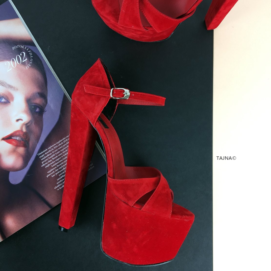 Red Suede Cross Strap Platforms | Tajna Club