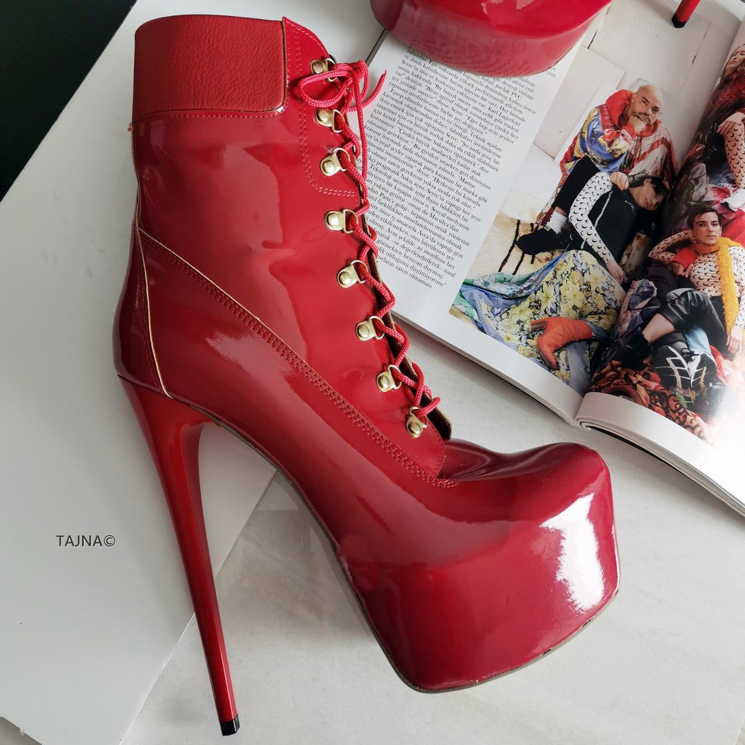 Lace Up Red Patent High Heel Platform Boots | Tajna Club