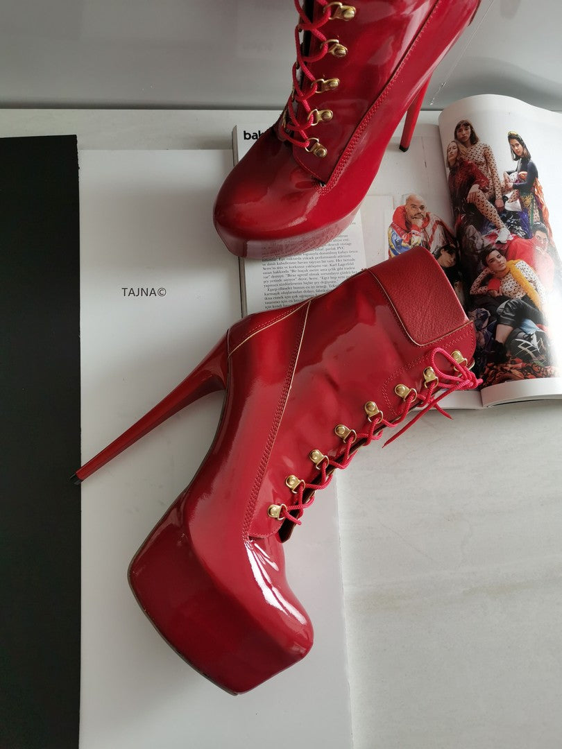 Lace Up Red Patent High Heel Platform Boots | Tajna Club