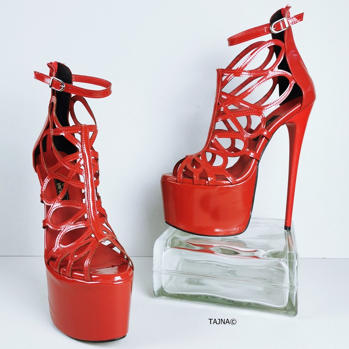 Red Patent Laser Cage Ankle Heels | Tajna Club