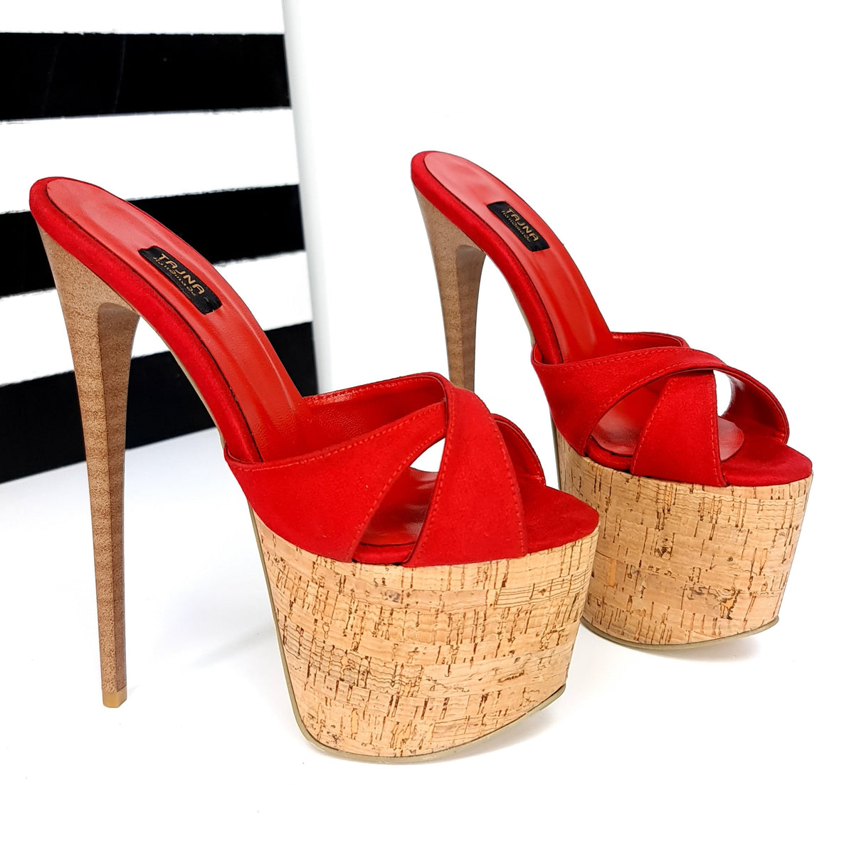 Red Suede High Heel Cork Mules | Tajna Club