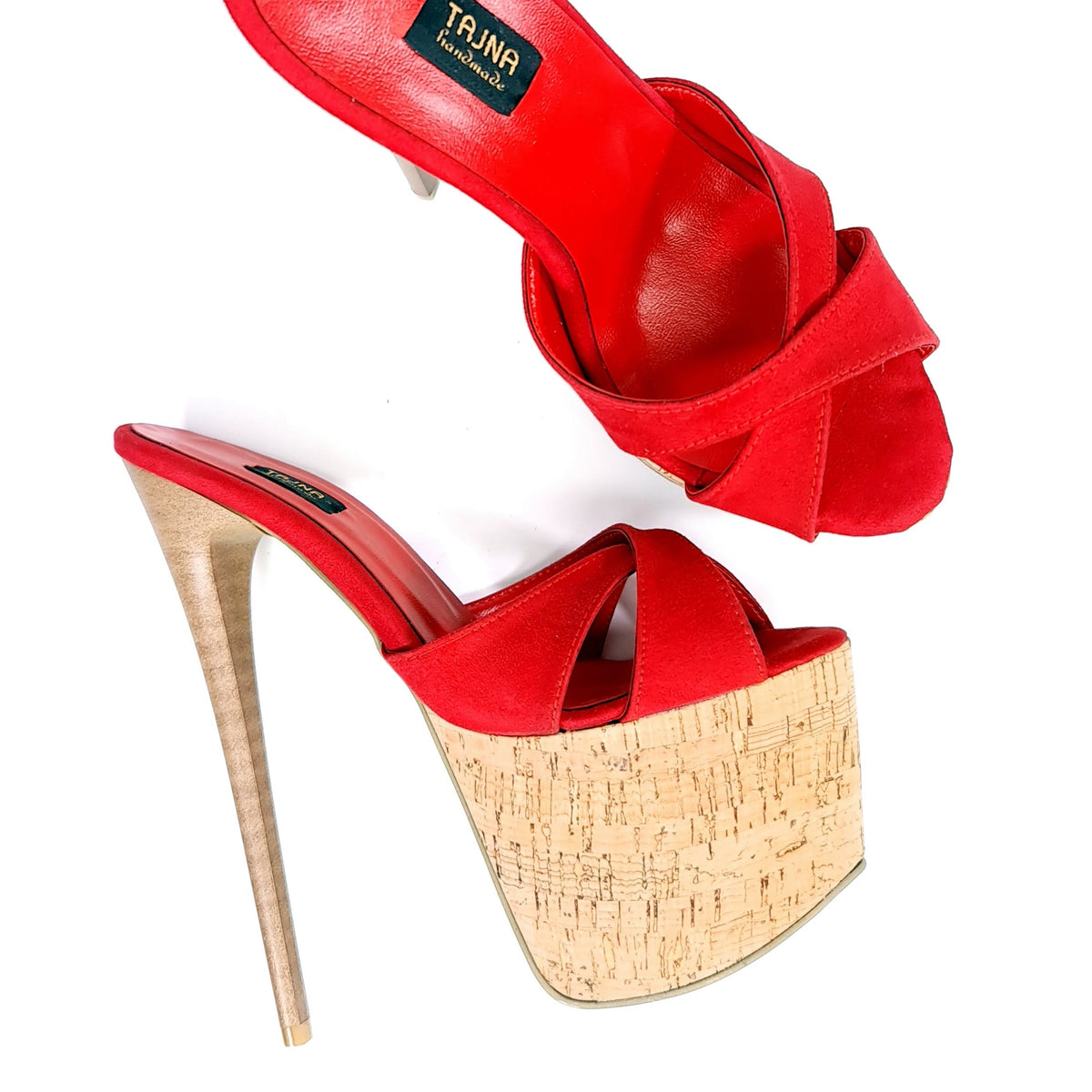 Red Suede High Heel Cork Mules | Tajna Club