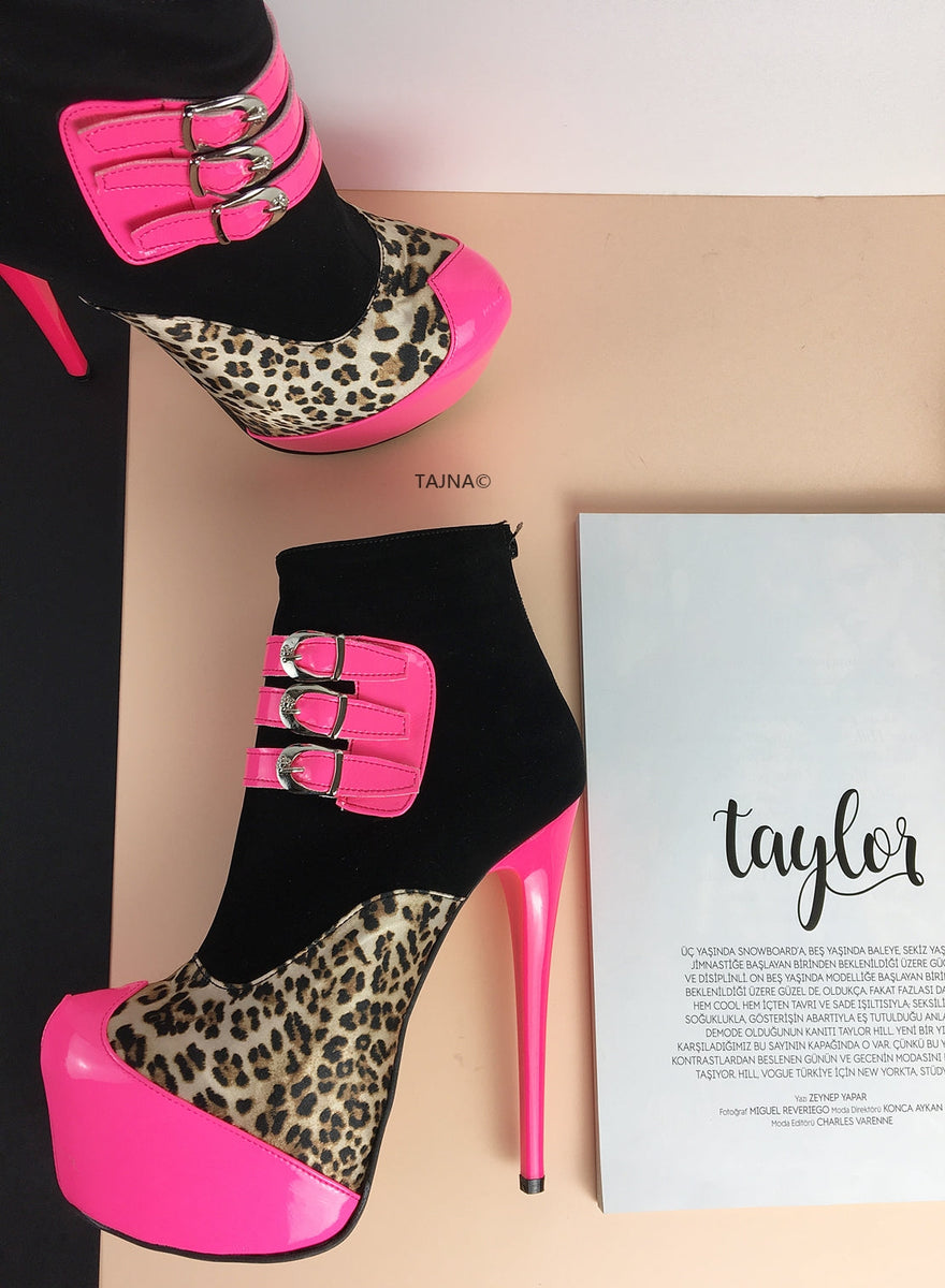 Pink Leopard Black Belted Boots | Tajna Club