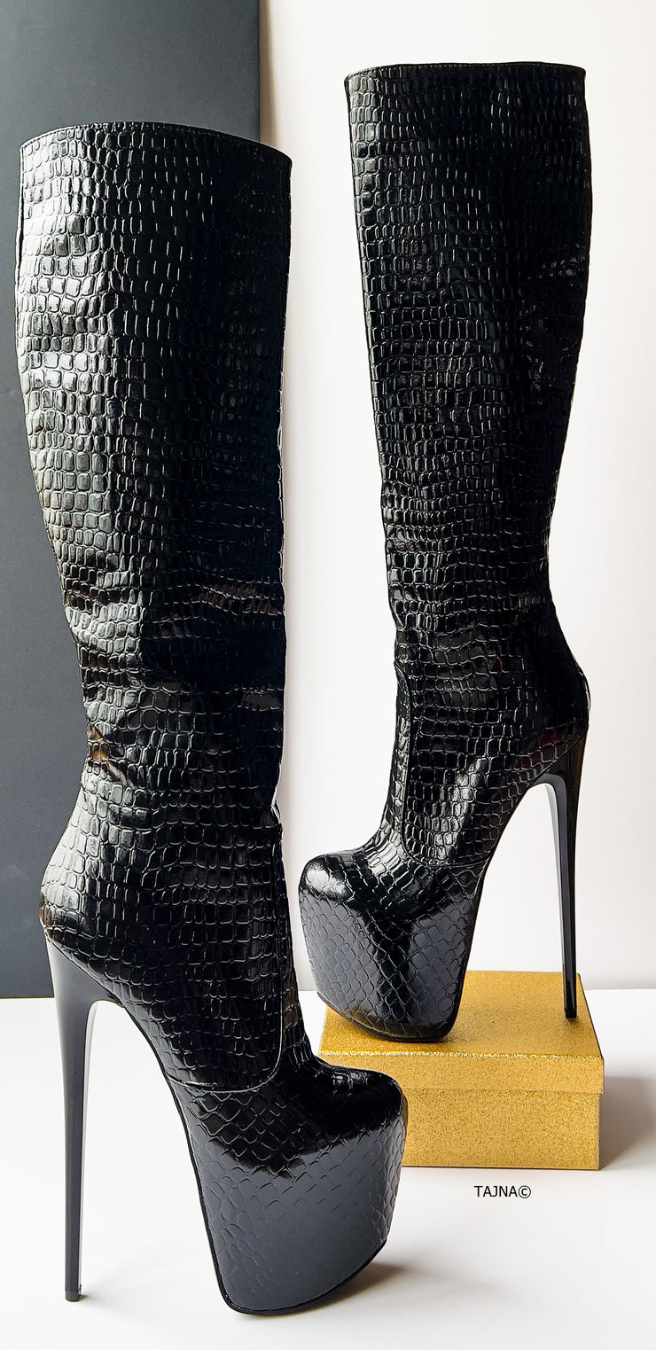 Black Croco Mid Calf High Heel Boots Tajna Club