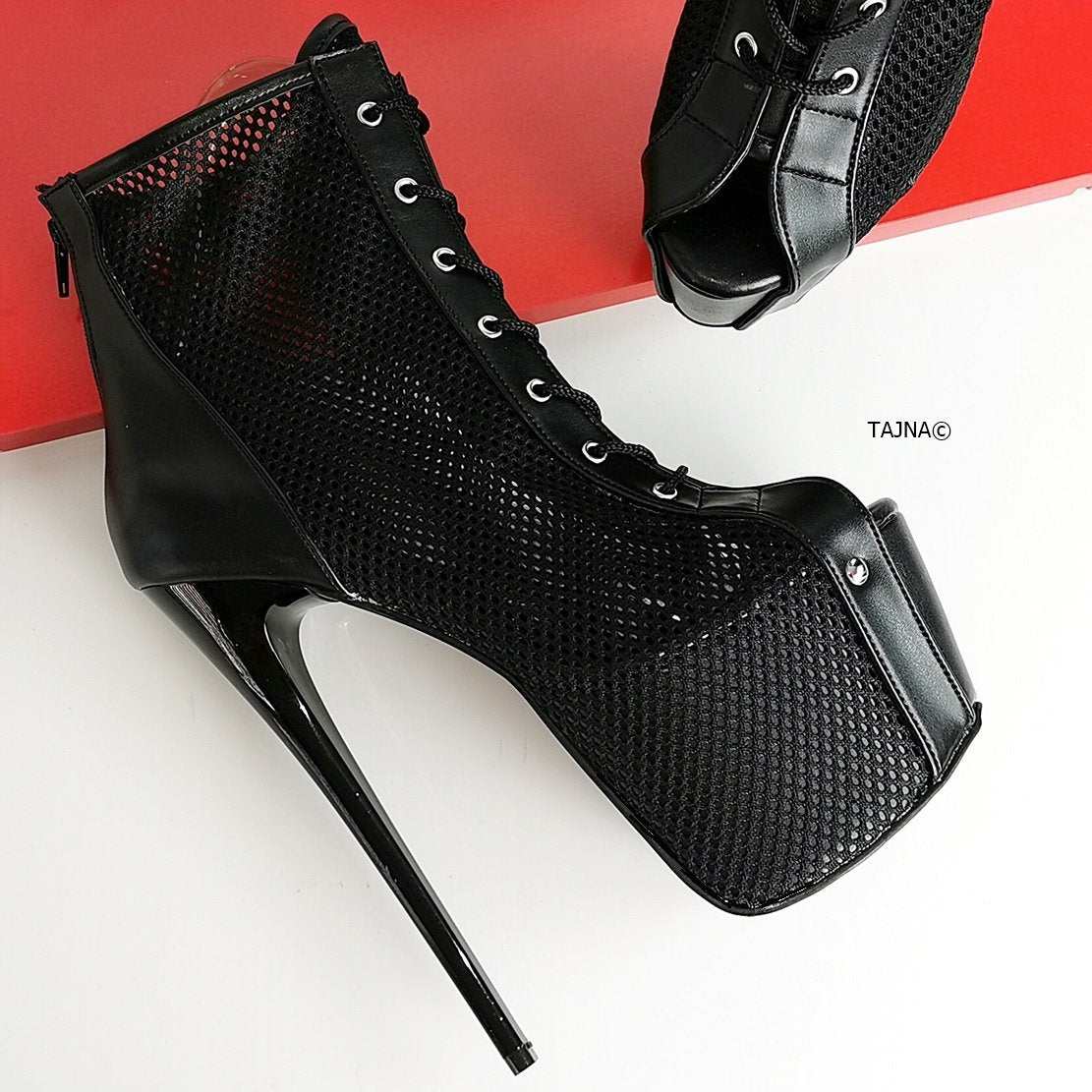 Fishnet Black Lace Up Ankle Heels | Tajna Club