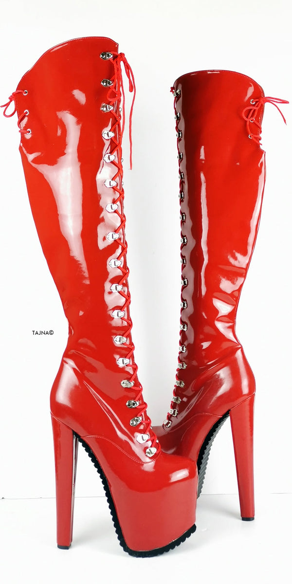 Serrated Sole Red Military Lace Up Over Knee Boots | Tajna Club