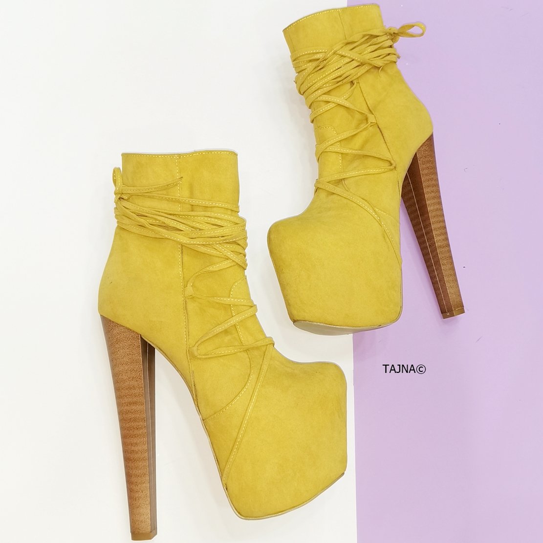 Long Laced Yellow High Heel Booties | Tajna Club